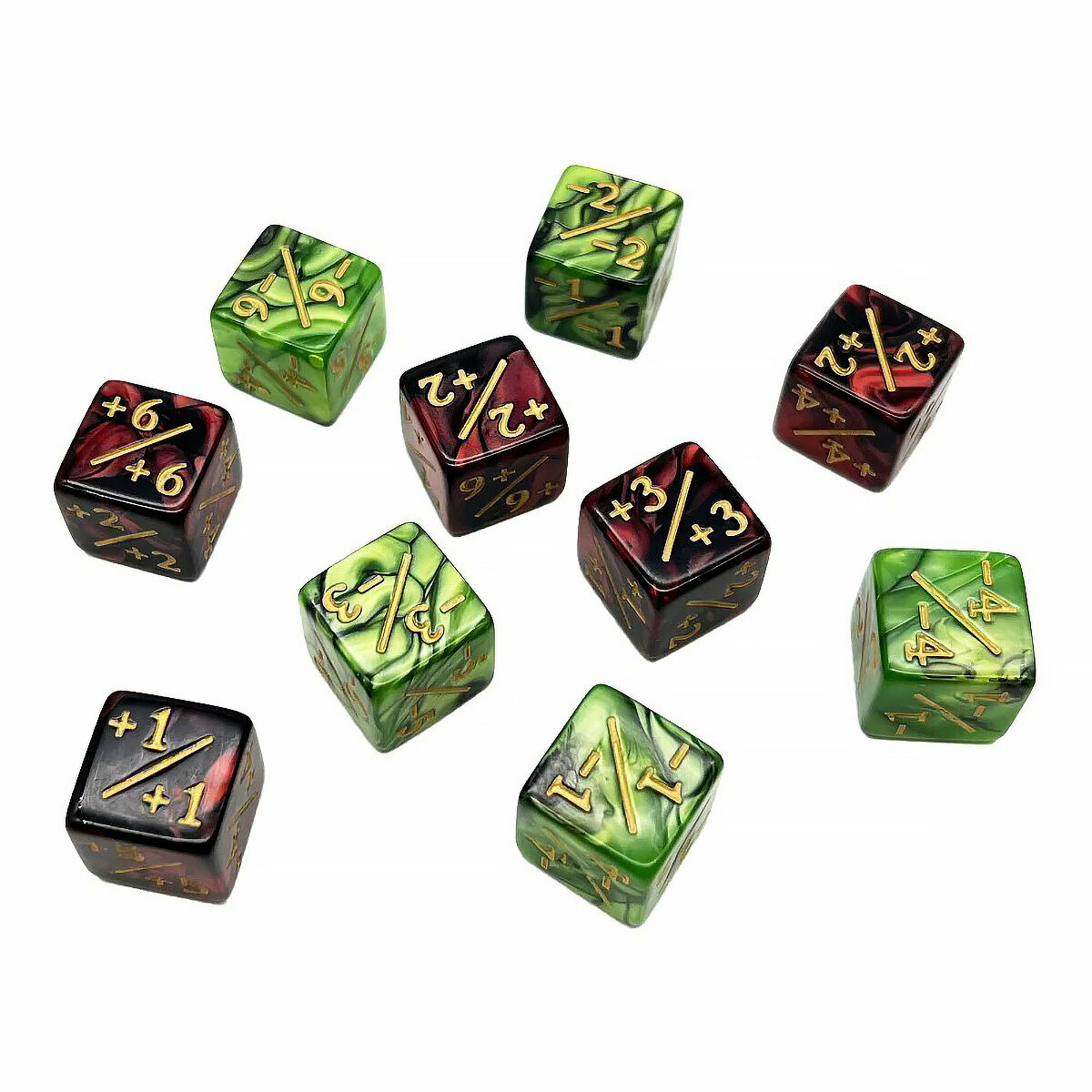 Набор кубиков каунтеров MTGTRADE счетчики выносливости Черно-красный и черно-зеленый жемчуг 10 шт