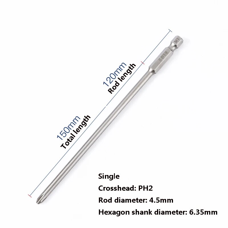 Магнитный шестигранный бит для отвертки PH1-PH2 S2 150-200мм 150mmx4.5x120xPH2