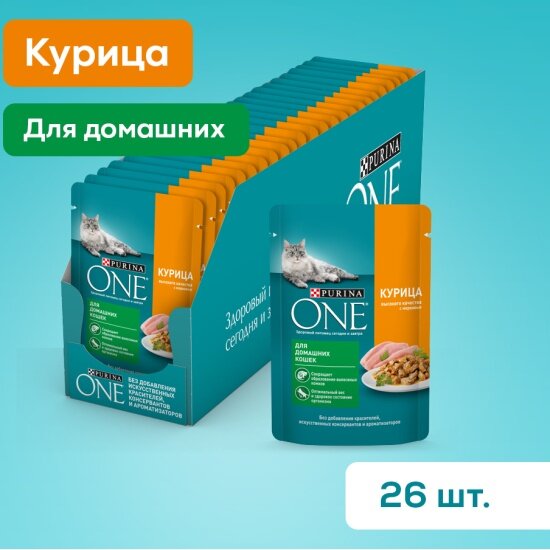 Влажный корм для взрослых кошек Purina One Housecat при домашнем образе жизни с курицей и морковью в соусе 26шт.*75г