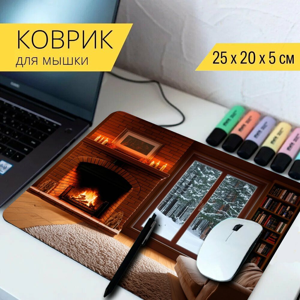 Коврик для мыши с принтом "Уютная комната с камином из кирпича, где горит огонь. На стенах книги и элементы декора. Большое окно с видом на зимний лес, за ним падающий." 25x20см.