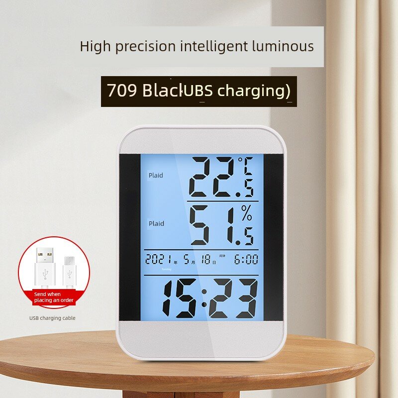 Цифровой термогигрометр 709, черный, высокая точность, интеллектуальная подсветка, зарядка от UBS