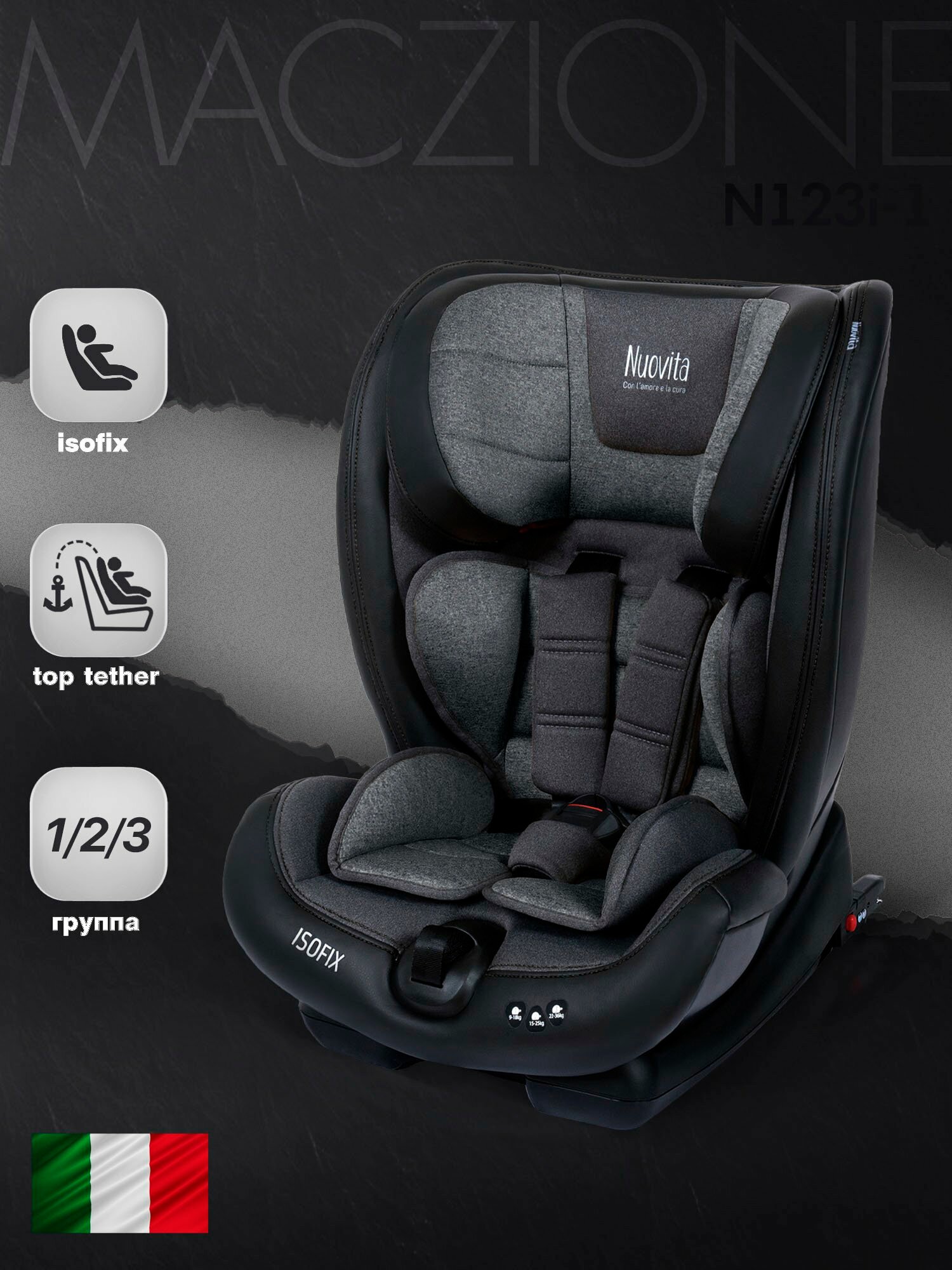 Автокресло детское с креплением Isofix Nuovita Maczione N123i-1/Группа: 1/2/3 – от 9 мес до 12 лет, вес 9-36 кг Серый