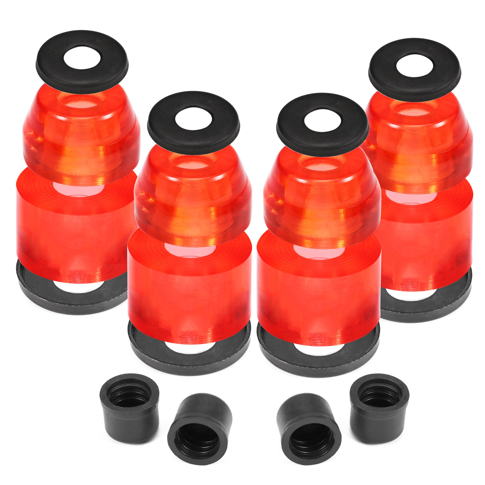 Набор для ремонта стоек скейтборда и лонгборда: втулки, шайбы, опорные вкладыши для 2 стоек, 4 конические верхние втулки, 4 цилиндрические нижние втулки, 4 опорные вкладыши, 8 шайбы, материал PU, цвет Красный / Желтый, размер упаковки 9*8*2 см, вес