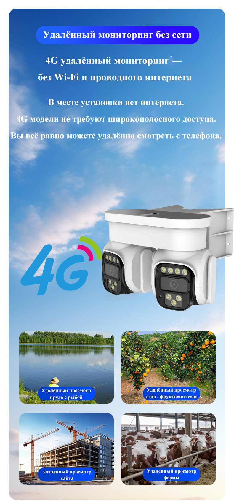 Беспроводная камера видеонаблюдения 4G AI трекинг PTZ 2MP, ИК-подсветка 25 м, поворот 355, IP65