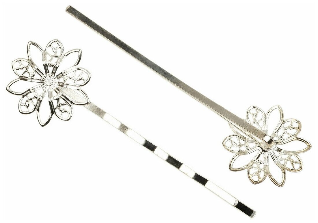 Основа для заколок "цветок" 64 х2 мм, размер цветка 19х1,8 мм, материал сталь с посеребрением, 10 шт.