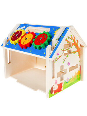 *Игр(РыжийКот) Дерев. игрушка Головоломка [развив. домик] (ИН-6137) [сортер, шестеренки]