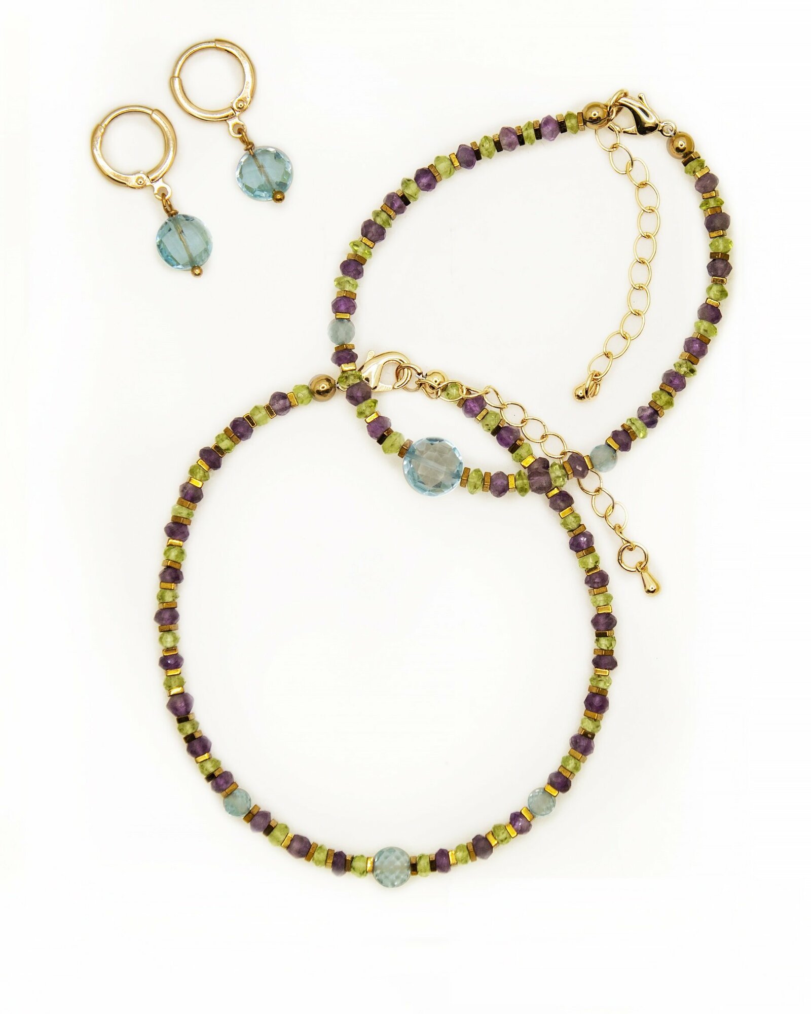 Комплект бижутерии Helena: браслет на ногу, серьги, браслет, топаз, гематит, хризолит, аметист