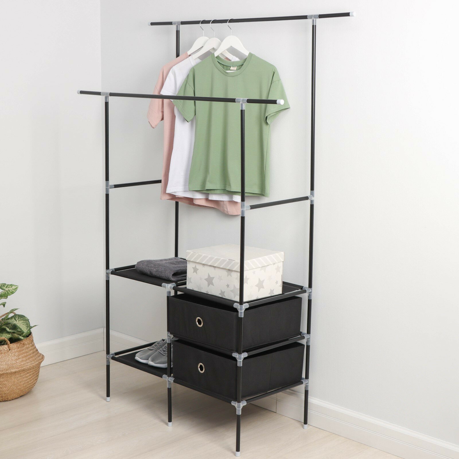 Вешалка - стойка напольная для одежды Доляна, 2 перекладины, 2 ящика, 120×43×169 см, чёрная