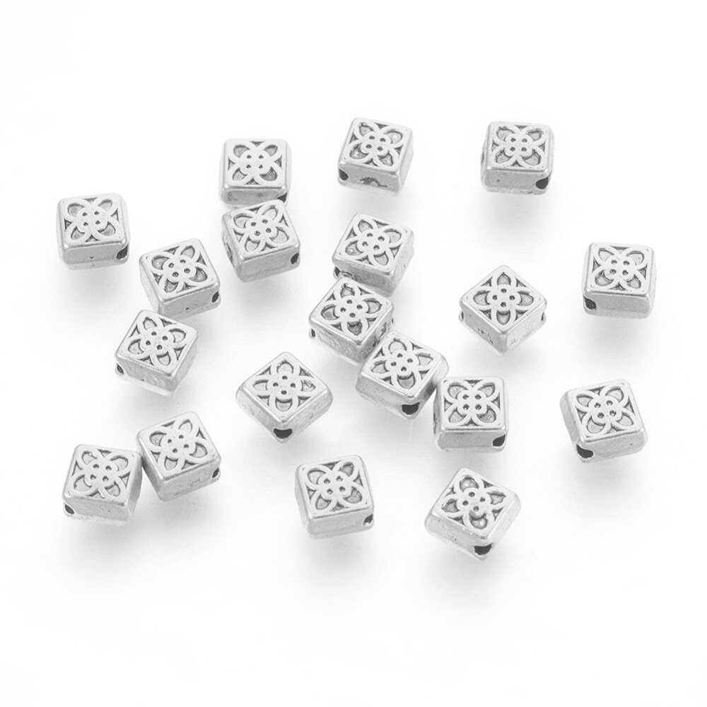 Бусина металлическая, 6х3мм, ромб с орнаментом, базовый материал - цинковый сплав, стиль тибетское серебро, 15 грамм