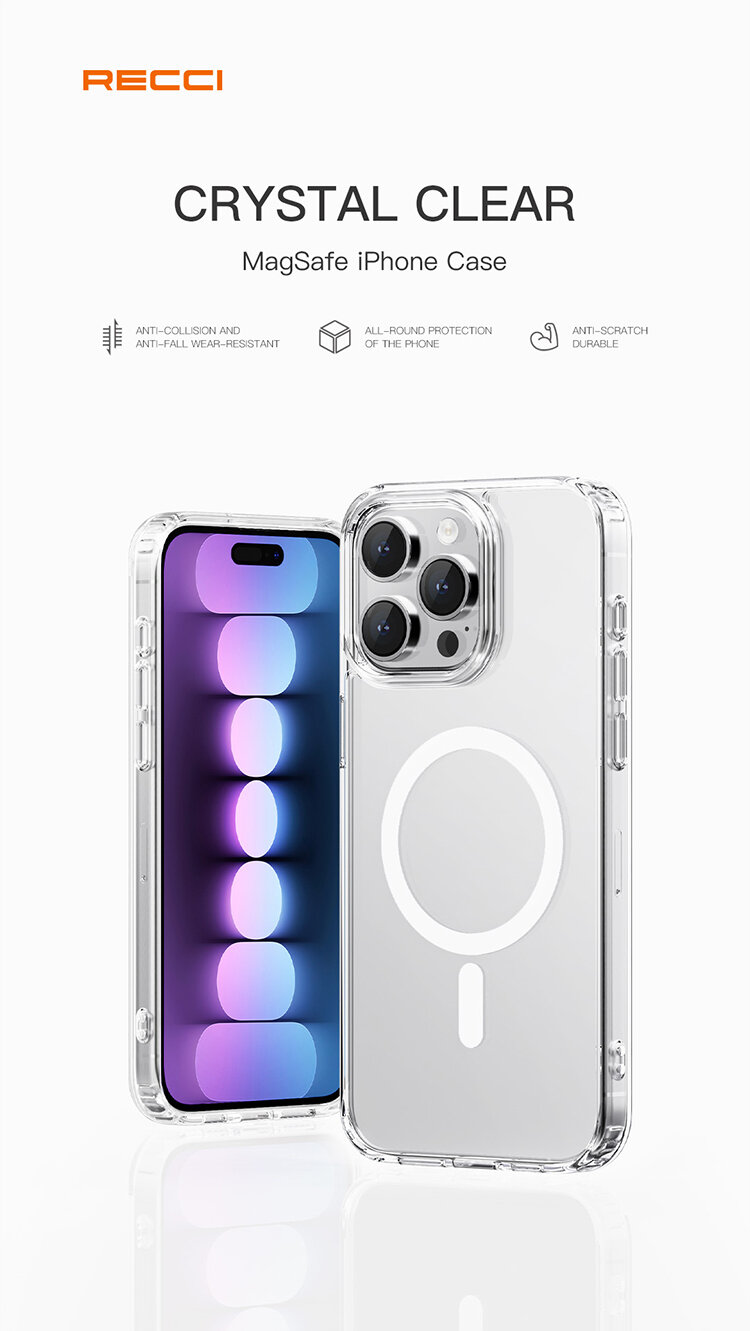 Чехол для iPhone 15 Pro 6.1" c MagSafe, Recci Crystal Case Full Protection, Прозрачный