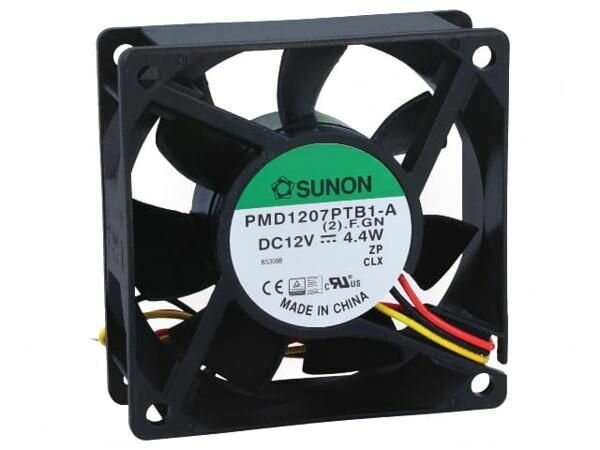 Вентилятор SUNON PMD1207PTB1AF, 12 В DC, 70 х 70 х 25 мм, подшипник качения, 0.37 А, 4.4 Вт, 5100 об/мин, 3 провода