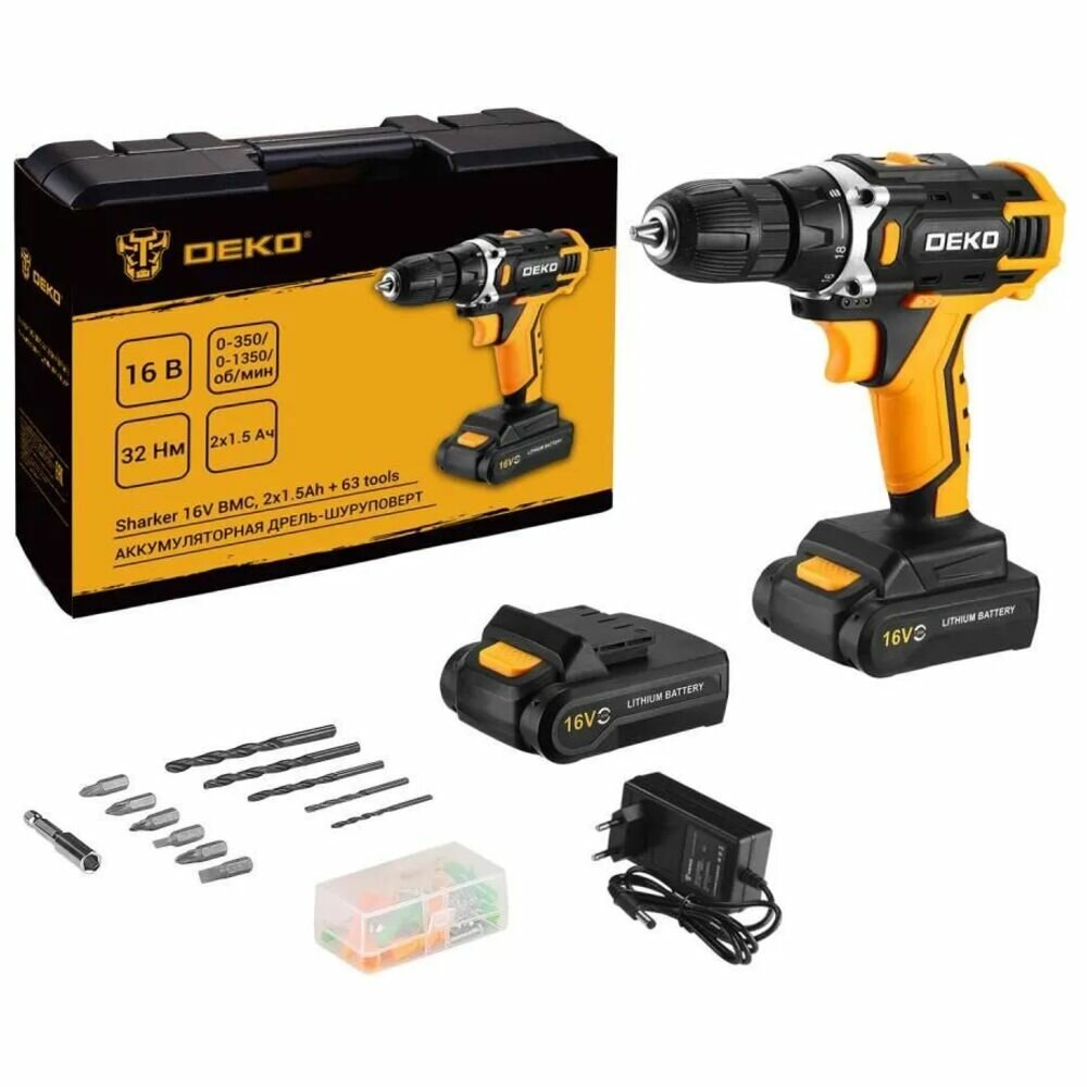 Аккумуляторная дрель-шуруповерт Deko Sharker 16V в кейсе + набор 63 инструмента для дома, 16В, 2х1.5Ач 083-1041