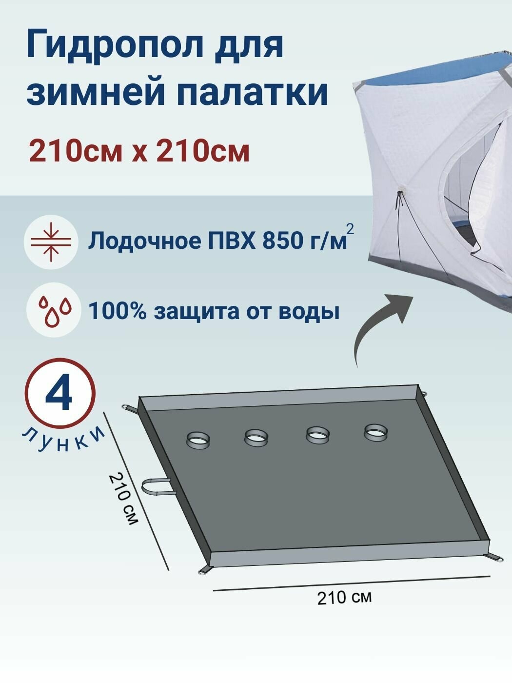Гидропол для палатки КУБ 210 х 210 см, водонепроницаемый пол для палатки, гидроизоляционный пол, гидродно