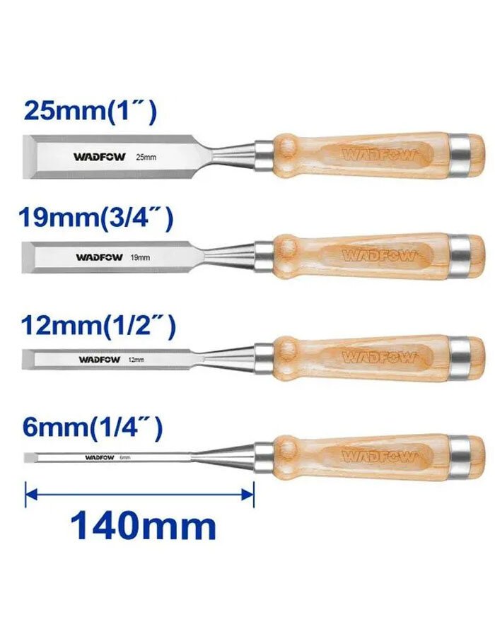 Набор стамесок 4шт, ширина: 6мм (1/4"), 12мм (1/2"), 19мм (3/4"), 25мм (1"), длина: 140мм Jadever