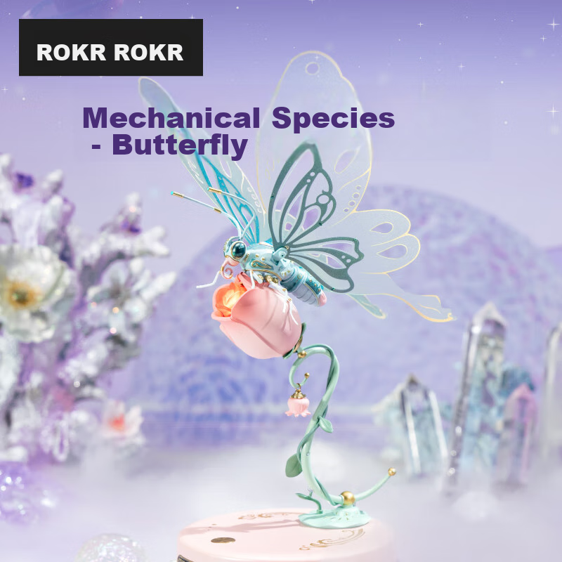 ROKR Butterfly DIY Assembly Mechanical Model Building Blocks, Mecha Toy, Birthday Gift, Pink