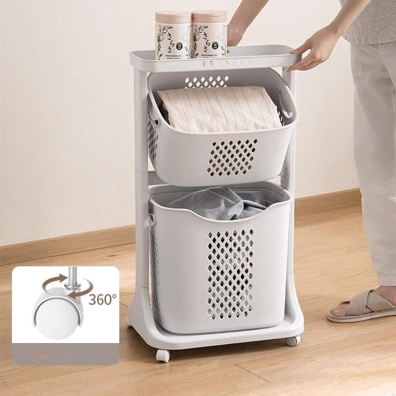 Многоуровневая корзина для белья на колесах, большая емкость, двойной отсек, идеальное решение для хранения