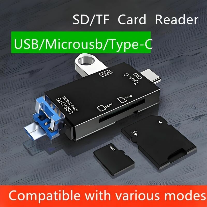 Многофункциональный 6-в-1 кардридер OTG: адаптер для SD/TF-карт и USB-накопителей. Подходит для смартфонов, компьютеров, фотоаппаратов. Вставь и используй мгновенная передача данных!
