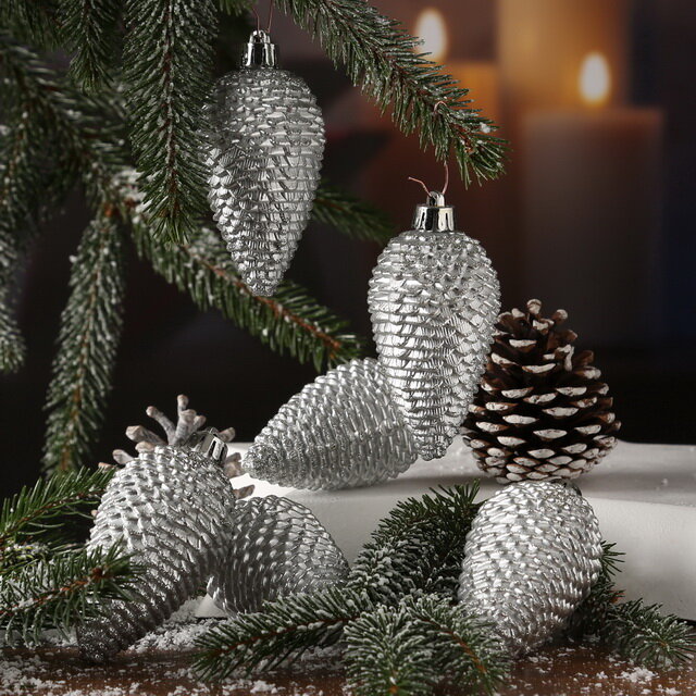 Елочная игрушка Шишка Alto - Серебряная 8 см, 6 шт, пластик, Winter Deco, 028571