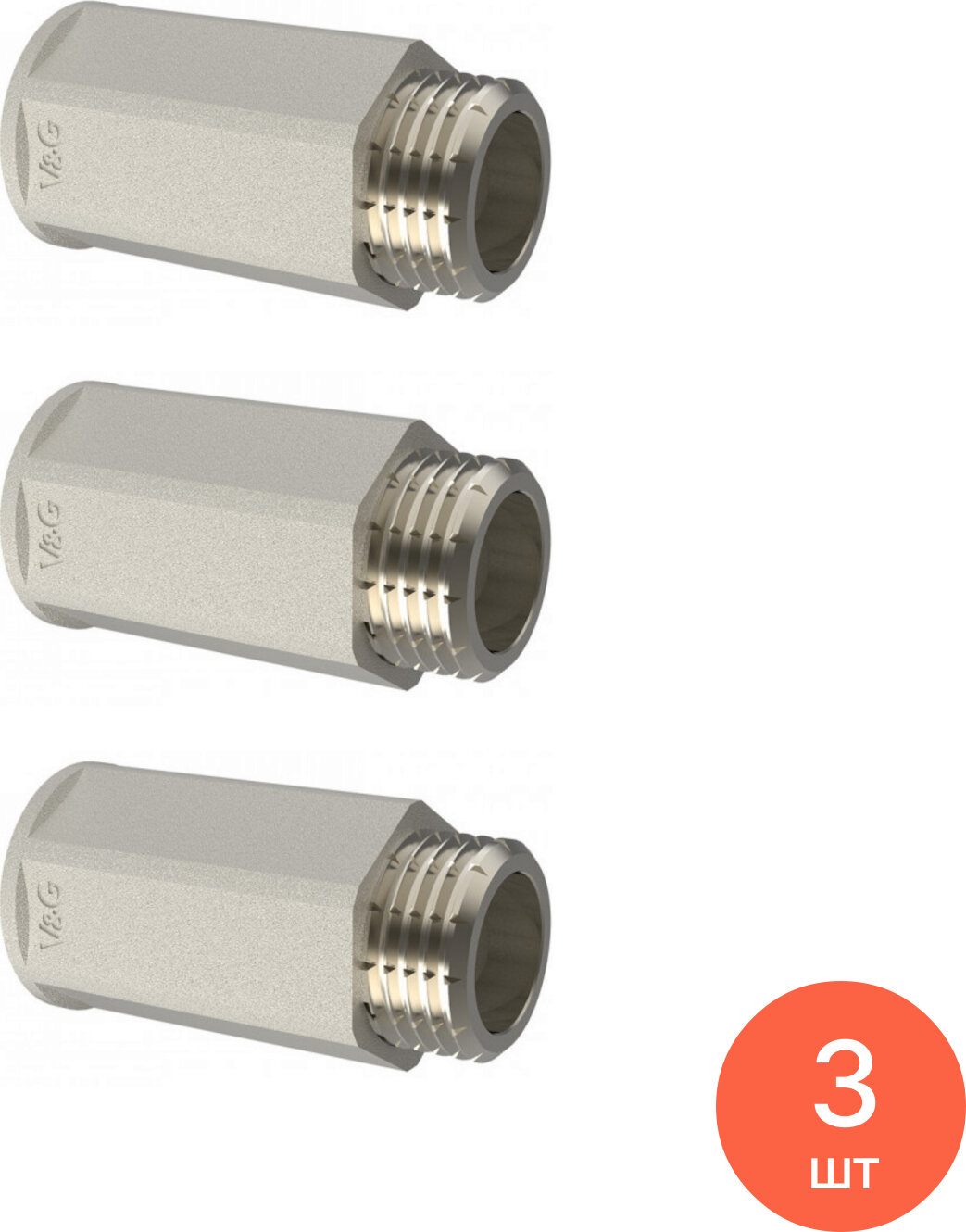 Удлинитель сантехнический V&G / В&Г никелированный, из латуни, внутренняя и наружная резьба 1/2дюйма, длина наращивания 50мм / фитинг (комплект из 3 шт)