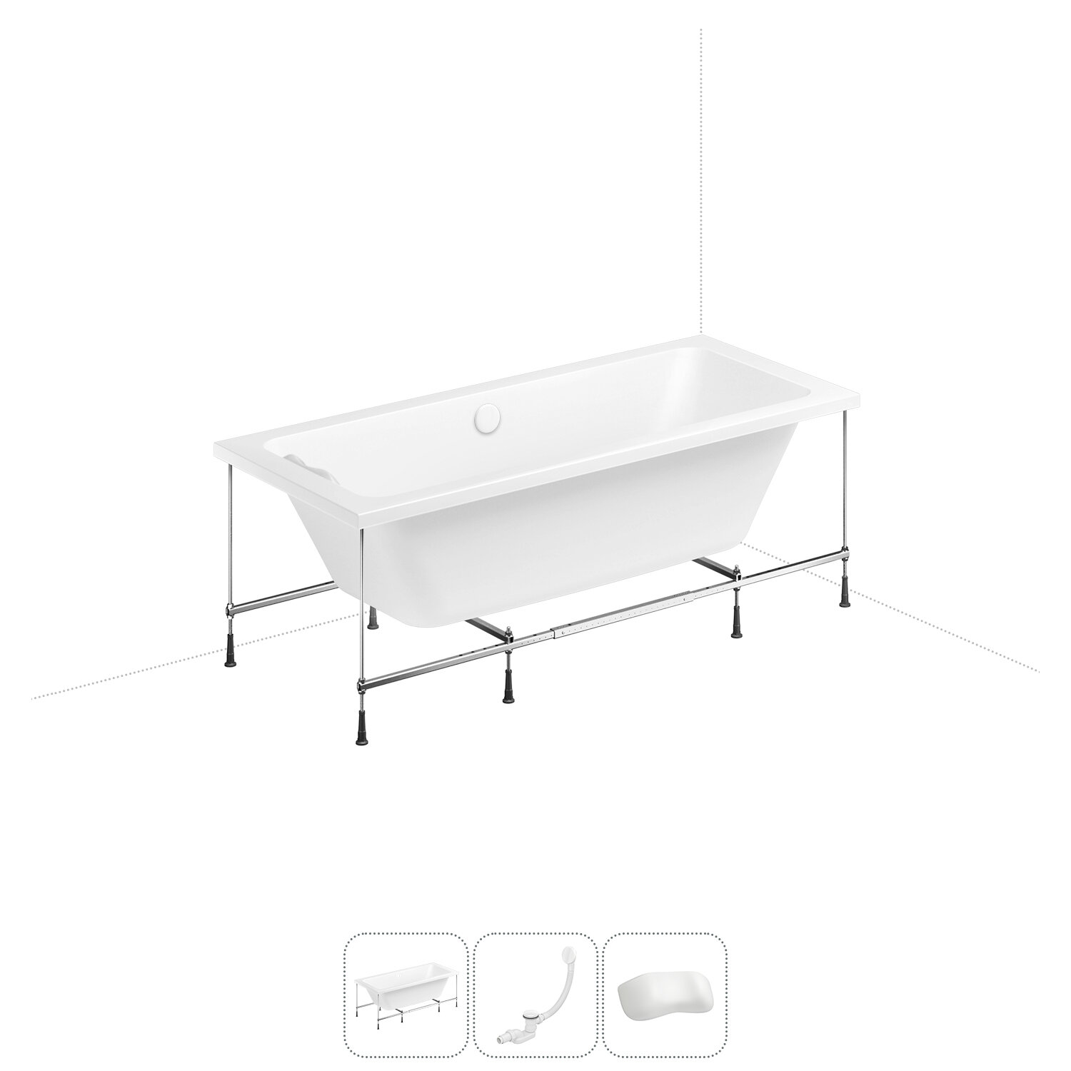 Акриловая ванна 170x75 с каркасом Lavinia Boho Pure 20220938R в наборе 4 в 1: прямоугольная ванна 170 x 75 см, каркас, слив-перелив, подголовник