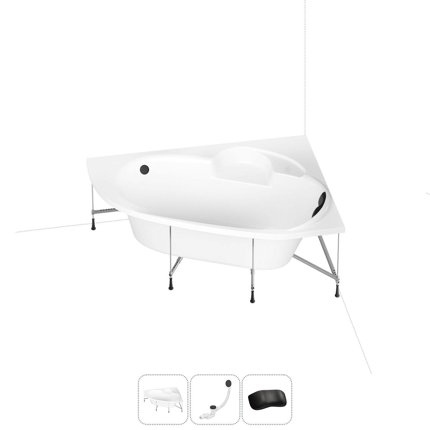 Угловая ванна акриловая 140 x 95 с каркасом Lavinia Boho Bell Pro 20220995R в наборе 4 в 1: асимметричная ванна (правый разворот), каркас, слив-перелив, подголовник