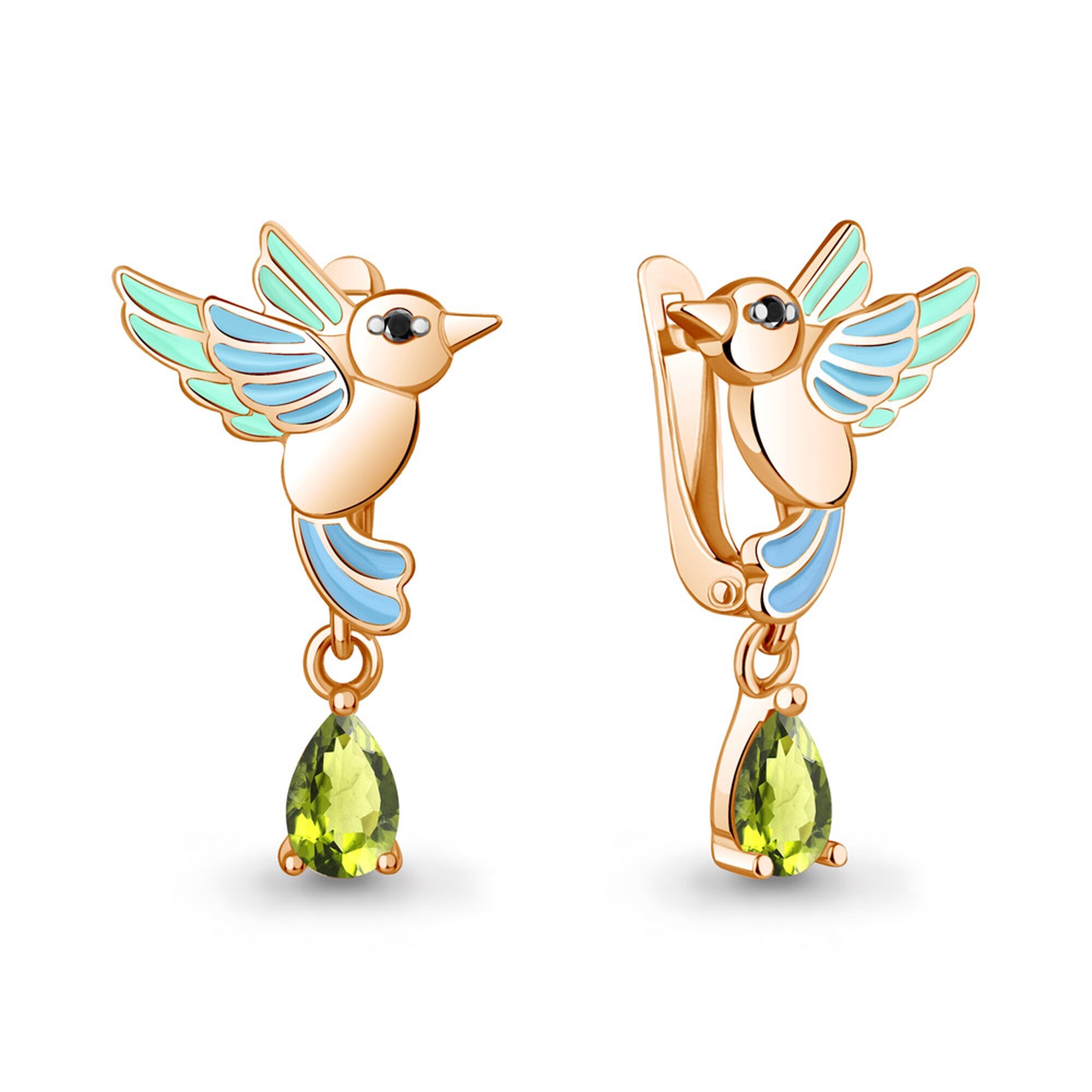 Серьги, серебро, 925 проба, золочение, кристалл, хризолит, эмаль