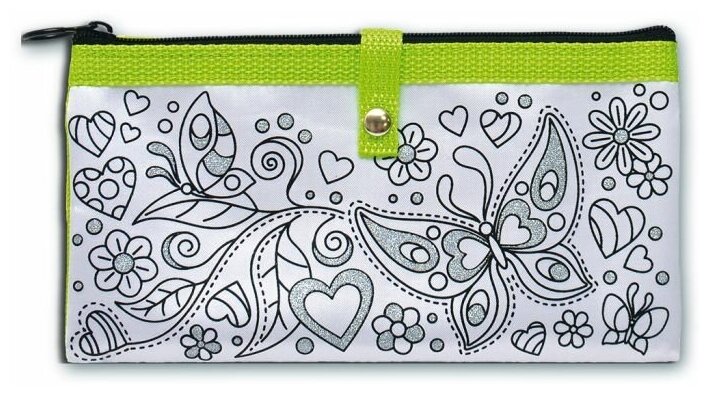 Пенал школьный арт.46451/25 бабочки салатовый (4 водостойких фломастера в комплекте, 21.5х11.5, два отделение, атлас на полиуретановой основе, контурный рисунок с глиттером, молния, два, высокая печать, ПЭТ-пакет)