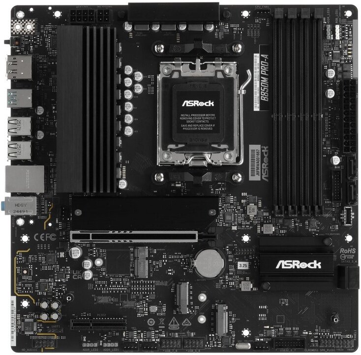Материнская плата ASROCK B850M PRO-A, AM5, AMD B850, 4xDDR5, 4xSATA, 3xM.2, 1xPCIe 5.0 x16, 1xPCIe 3.0 x4, 1xDP, 1xHDMI, 1x2.5Gb LAN, 1xUSB-C 10Gbps, 1xUSB-A 10Gbps, 2xUSB-A 5Gbps, 4xUSB-A 2.0, 3x3.5 мм, 7.1, mATX