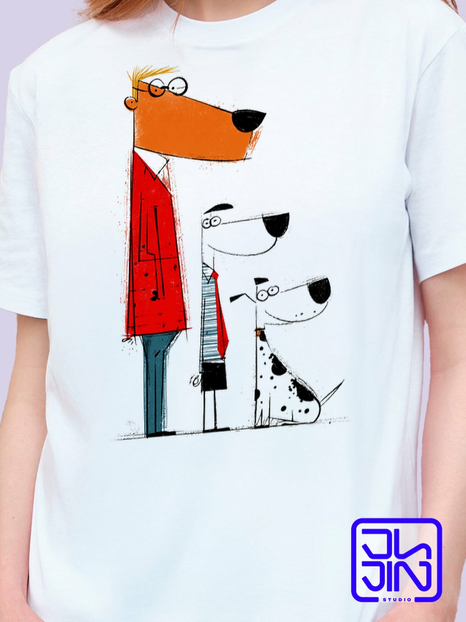 Футболка классическая женская с авторским принтом Смешной черно-белый мальчик с собакой и красной рубашкой, оригинальный далматин, белый хлопковый трикотаж с прикольным рисунком на груди