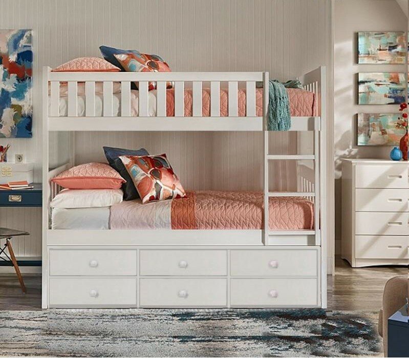 Кровать для трех детей кенвуд, 90 см x 190 см, белая, ортопедическое дно, с ящиками на направляющих