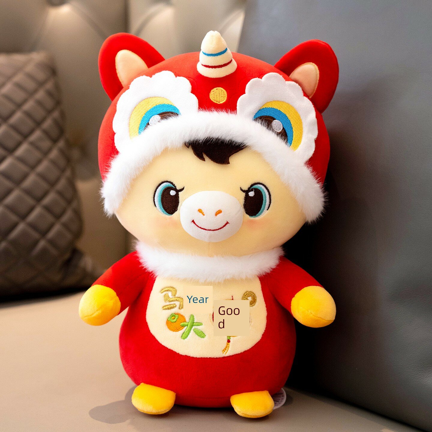 Милый плюшевый конь-лошадь в костюме льва, кукла-талисман Года Лошади, плюшевая игрушка, празднование года Лошади по