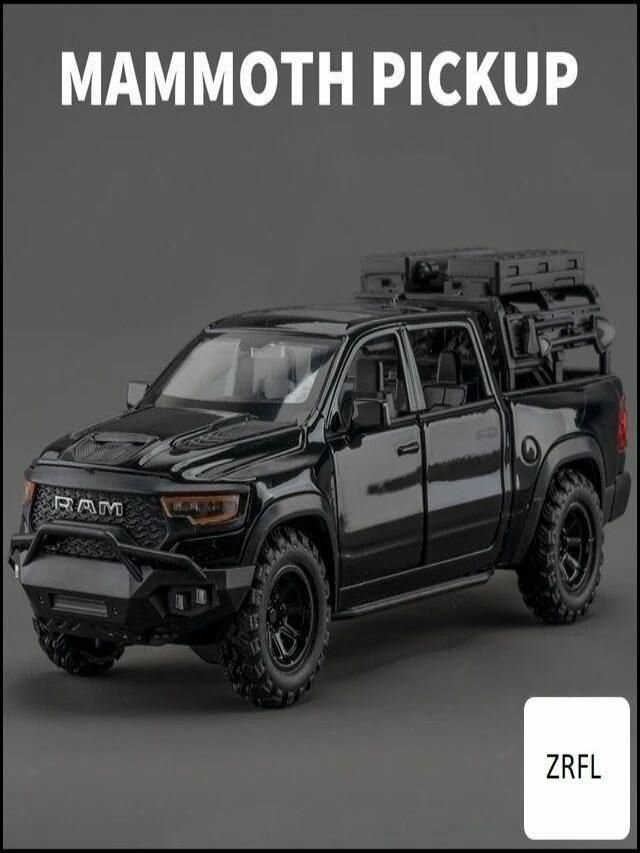 Модельный автомобиль RAM Mammoth Pickup черный внедорожный с рельсами 1:24 для коллекции и детей