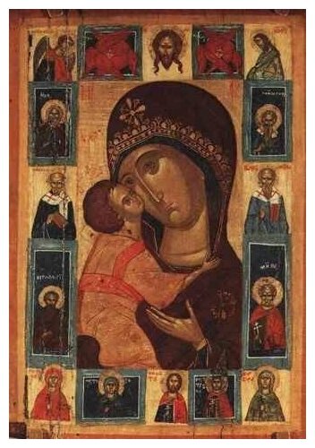 Освященная икона на дереве ручной работы - Богоматерь Умиление (Игоревская), 15 век, 12х20х3,0 см, арт А5742
