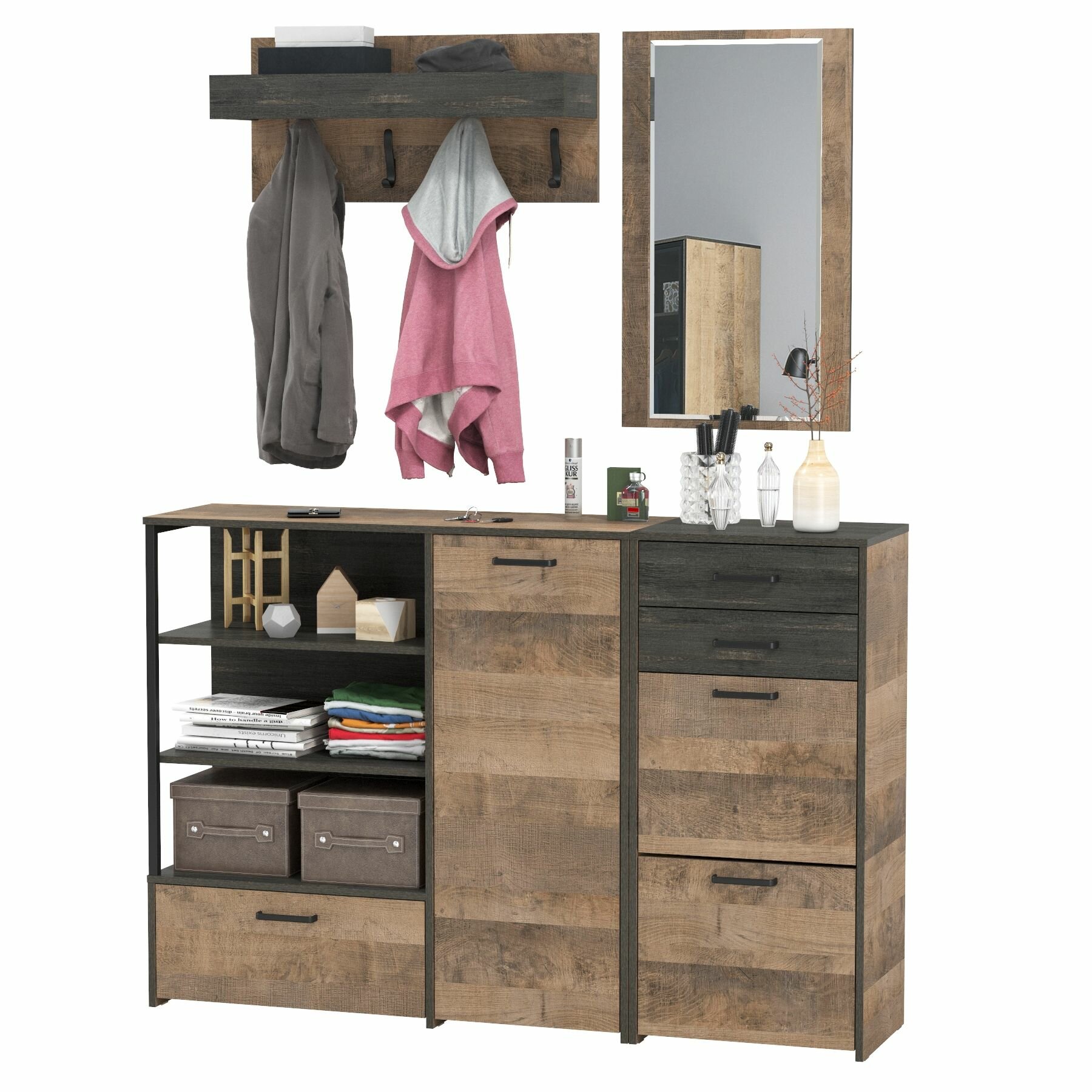 Комод с дверкой с высокой тумбой для обуви с зеркалом и вешалкой Трувор, цвет дуб гранж песочный/интра 159х37х195 см.