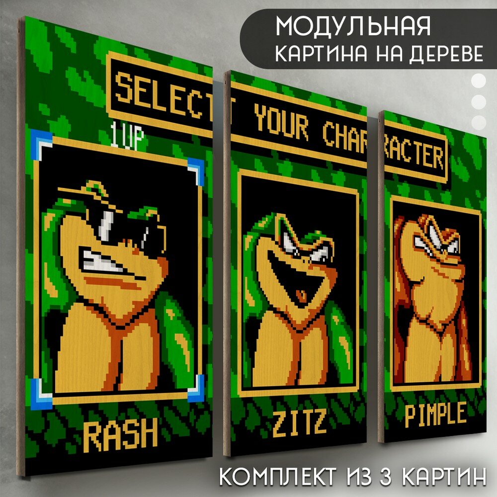 Модульная картина на дереве "Игры Battletoads (Жабы, Пиксели, Ностальгия Sega, Сега, 16 bit, 16 бит, ретро приставка) - 6022"