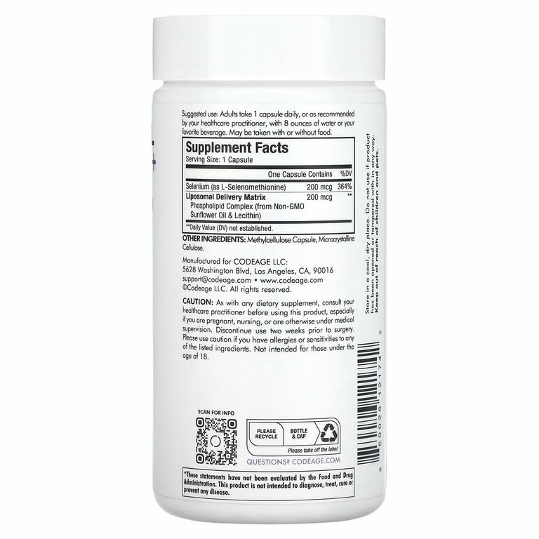 CodeAge, Липосомальный селен+, Liposomal Selenium+,180 капсул — фото 1