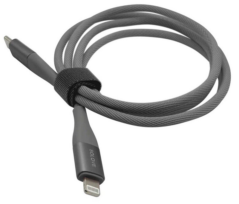 Кабель Solove Type-C/Lightning, 100 см, 20W, PD, 3А, нейлоновая оплетка, DW5 (RUS) техпак темно-серый