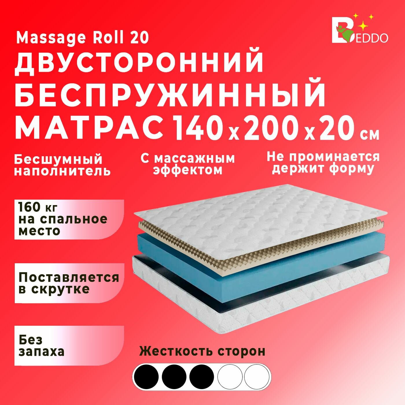 Матрас 160х200х20 см двусторонний с ортопедическим эффектом BEDDO Massage Roll 20