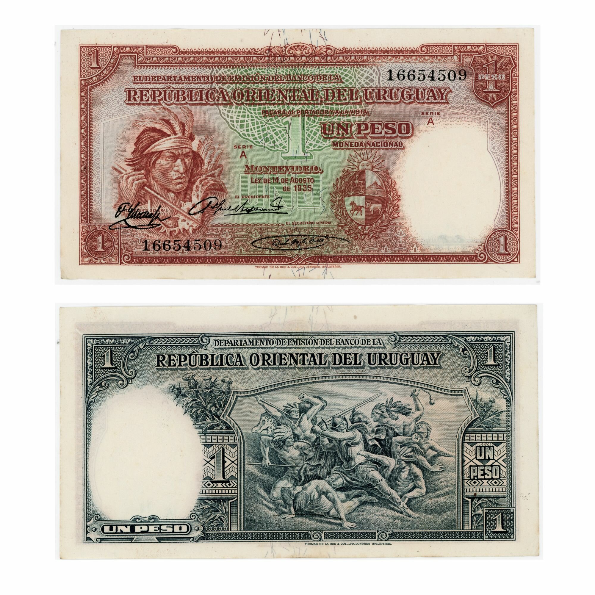Банкнота Уругвай 1 песо UN PESO 1935 год Extremely Fine (XF) Pick 28