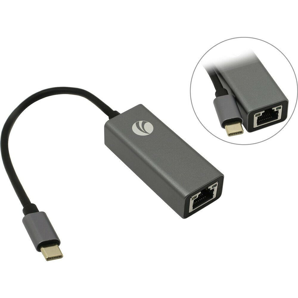 Vcom кабели DU320M Кабель-переходник USB 3.1 Type-C -->RJ-45 1000Mbps Ethernet, Aluminum Shell черного цвета, 0.15м