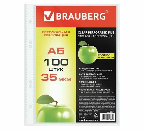 Папки-файлы BRAUBERG малого формата 148х210 мм, А5, вертикальные, комплект 100 шт, 35 мкм 221714