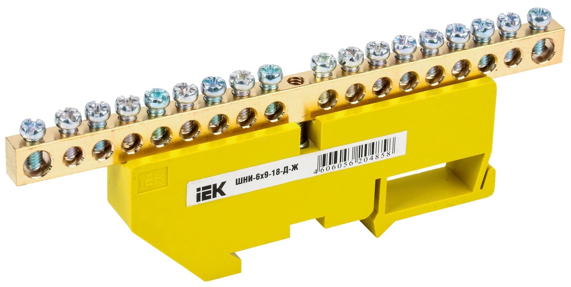 Шина IEK / ИЭК ШНИ-6х9-18-Д-Ж, PE земля на DIN-изоляторе, латунь, 18 соединений, 89х12х42мм, 100А, YNN10-69-18D-K05 / соединитель проводов