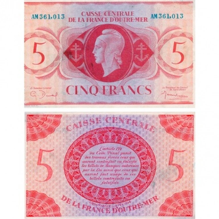 5 франков 1944 Франция, для экваториальной Африки, сувенирная копия, банкноты и купюры редкие коллекционные