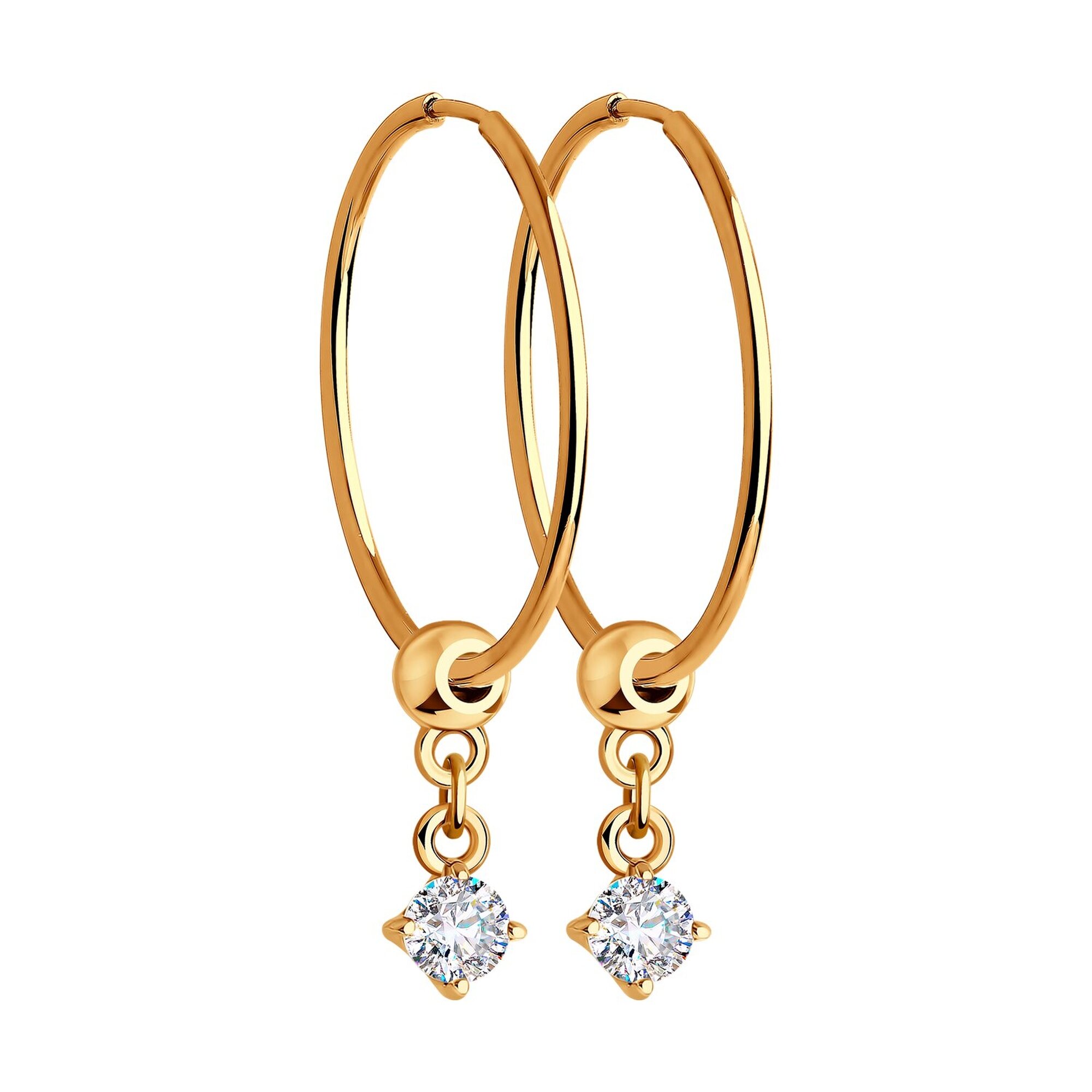 Серьги конго, красное золото, 585 проба, фианит