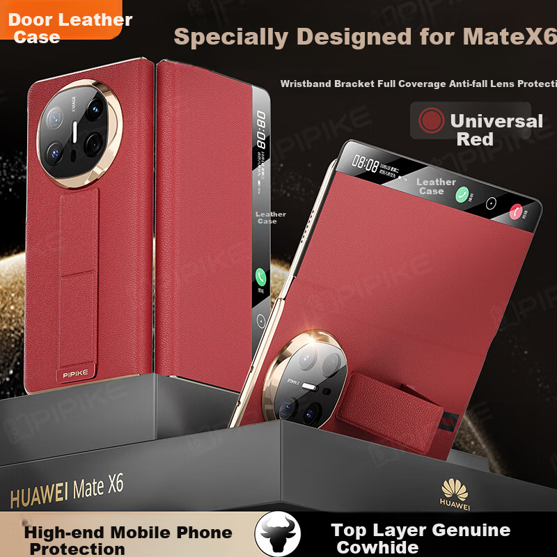 Leather Case with Wrist Strap for Huawei Mate X Foldable Screen, X6 Collector's Edition, Full Coverage Lens Protection, Anti-drop Wrist Strap Stand, Genuine Leather Universal Red Phone Case