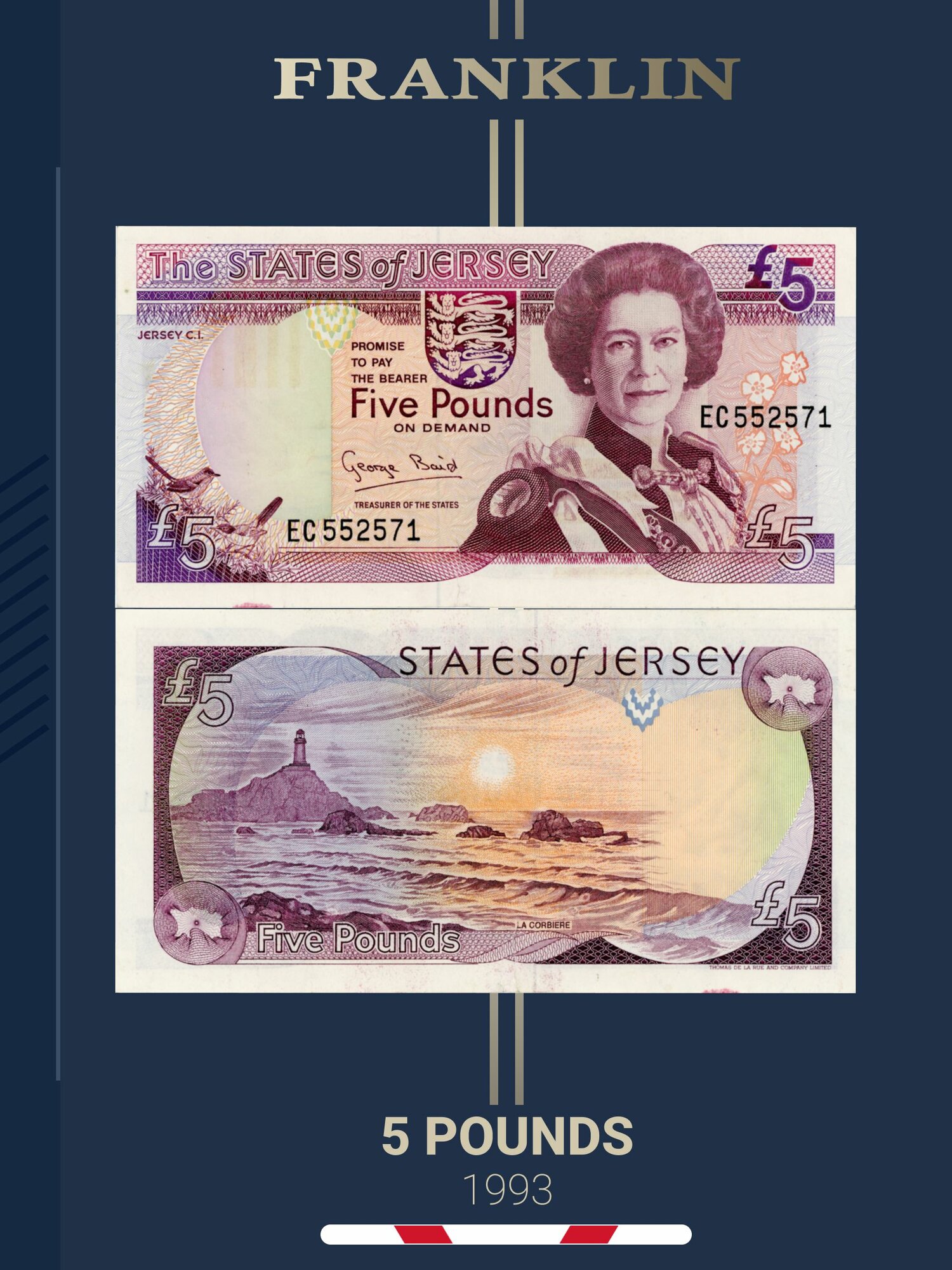 Банкнота Джерси 5 фунтов FIVE POUNDS 1993 (VF) Pick 21