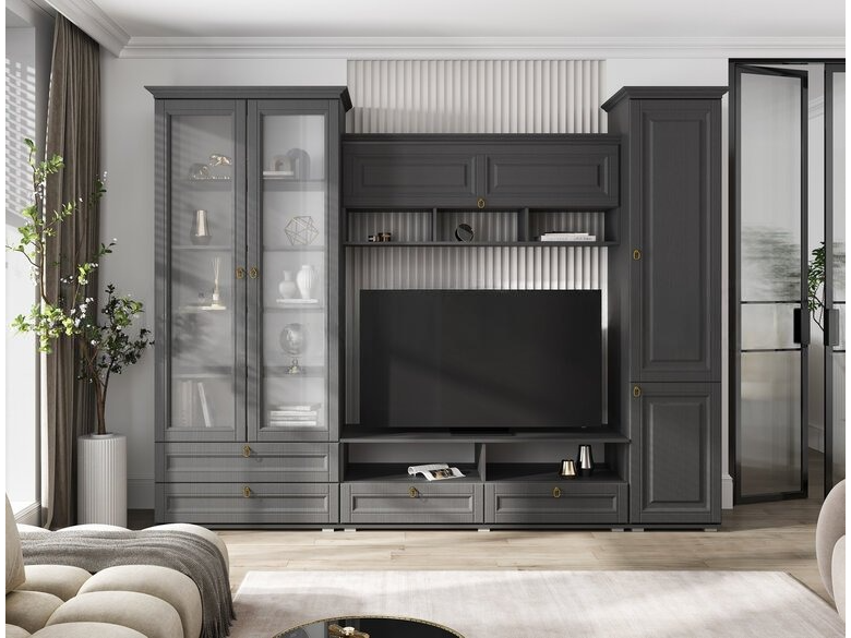 Гостиная Вариант №1, с фасадами МДФ, Графит/графит структурный