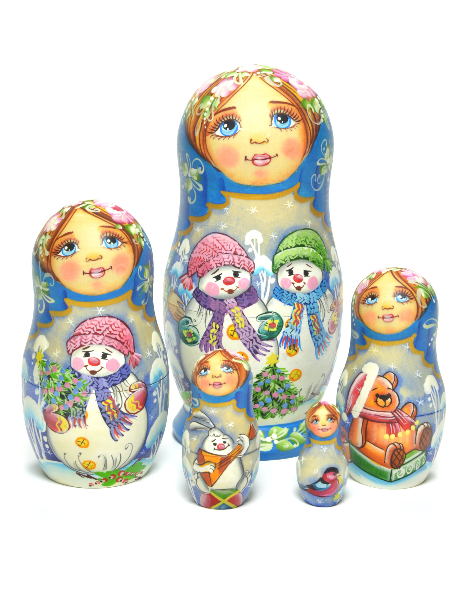 Матрешка "Снеговики". Авторская роспись. 5 кукол. Высота 16 см.