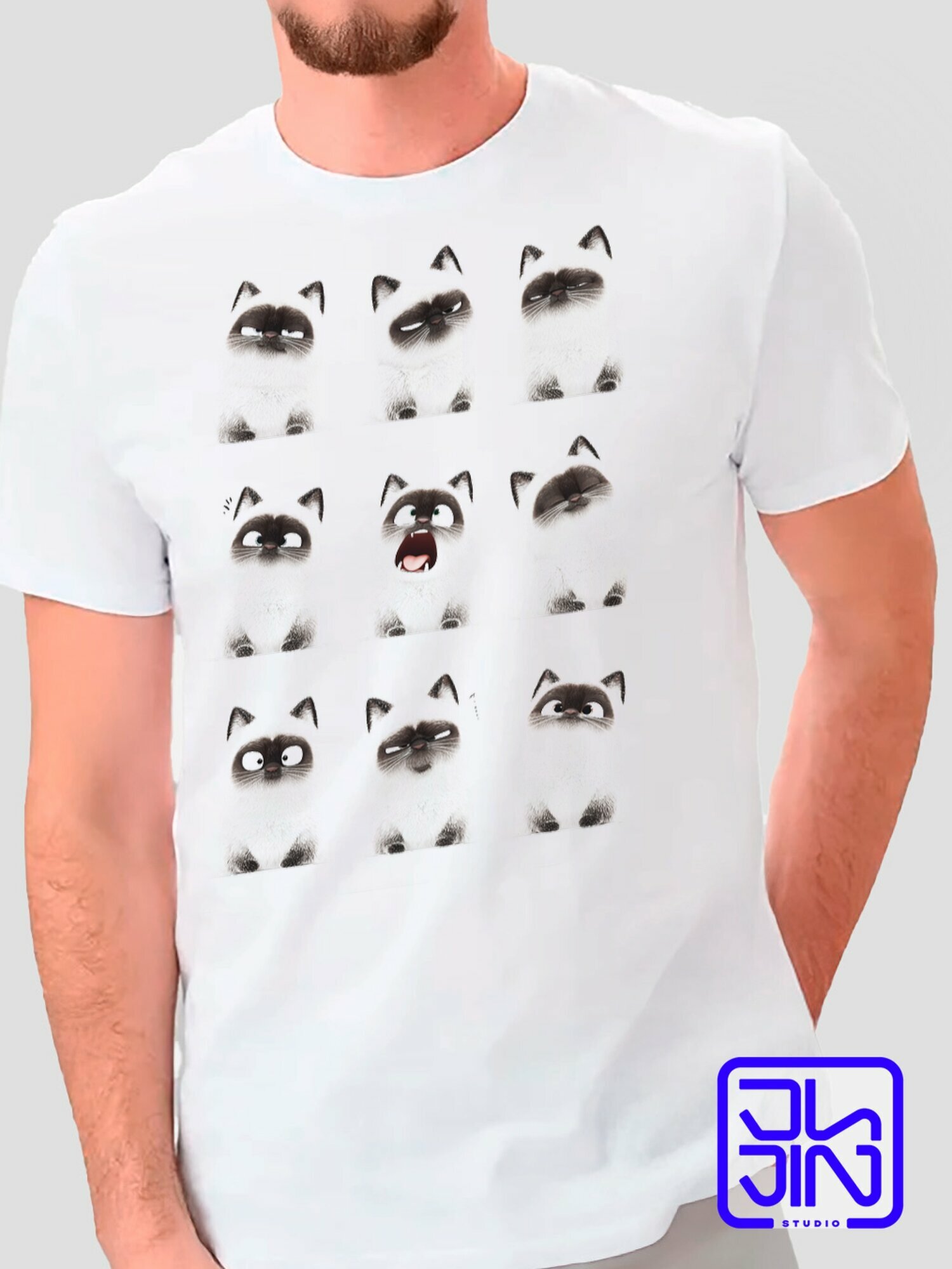 Футболка классическая мужская с авторским принтом Черно белая кошка с мемами, смешные эмоции, забавные, комичные выражения, белый хлопковый трикотаж с прикольным рисунком на груди