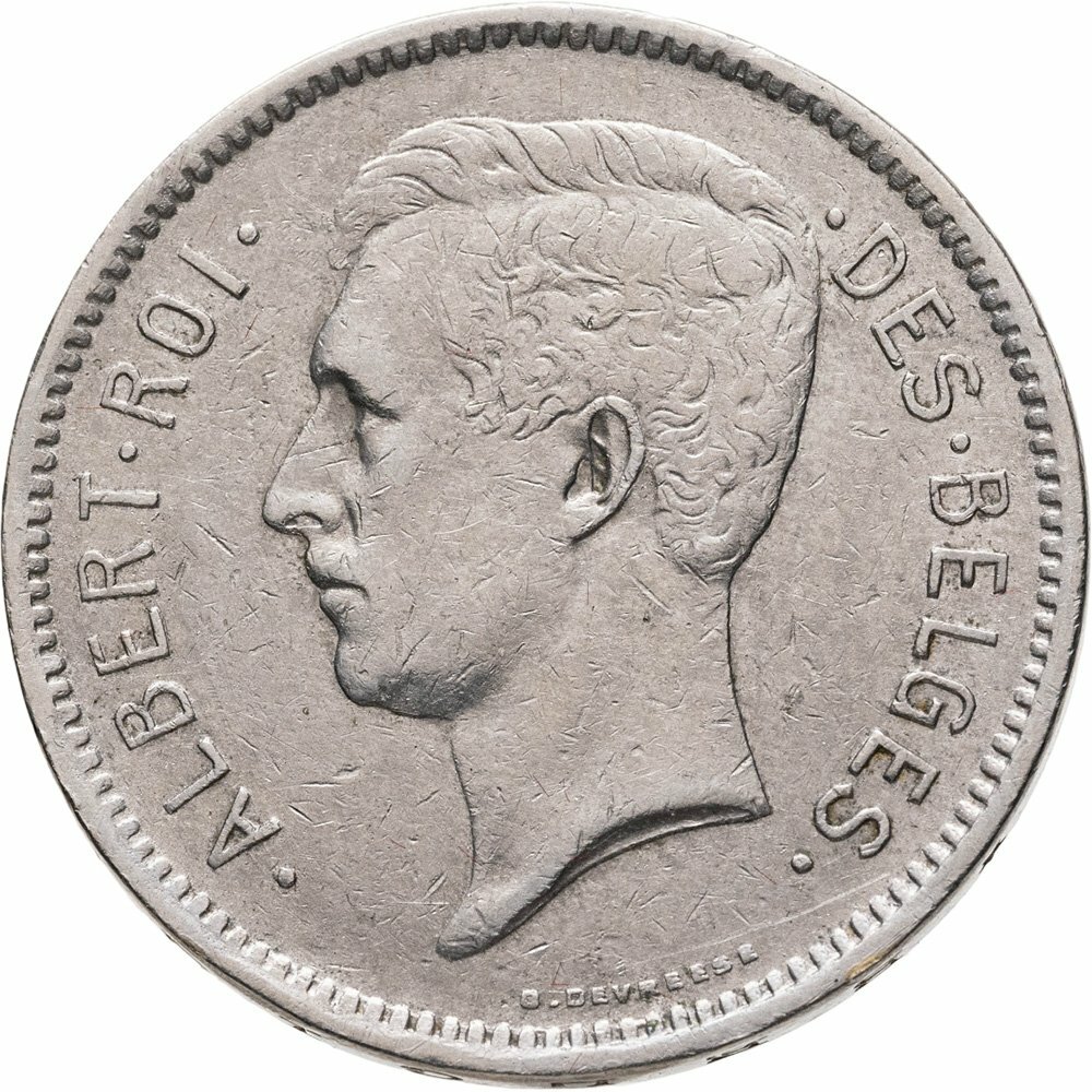 Бельгия 5 франков francs 1932 надпись на французском - "ALBERT ROI DES BELGES", Никель, в сохранности VF